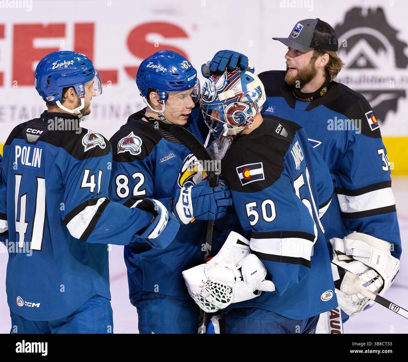 Loveland, Colorado, USA. 7th May, 2025. Eagles G TRENT MINER gets congrats from team mate F IVAN ...