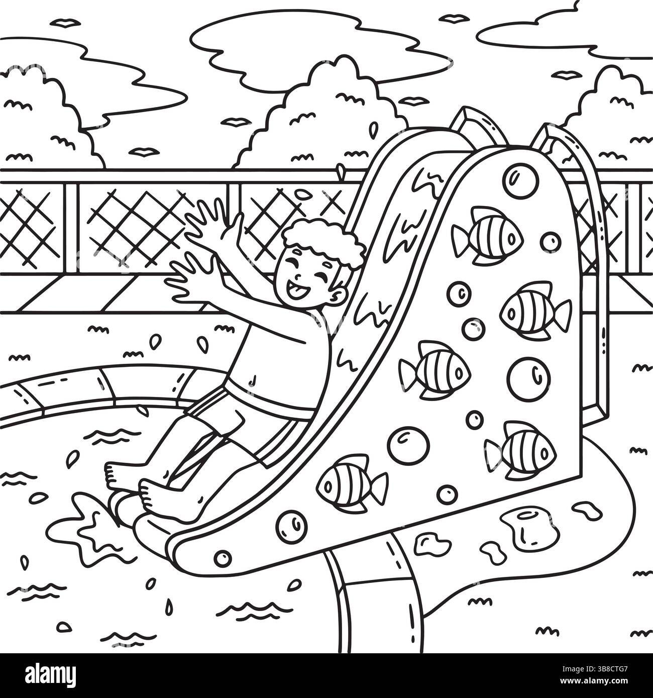 Swimming Boy on Waterslide Coloring Page for Kids Stock Vector Image ...