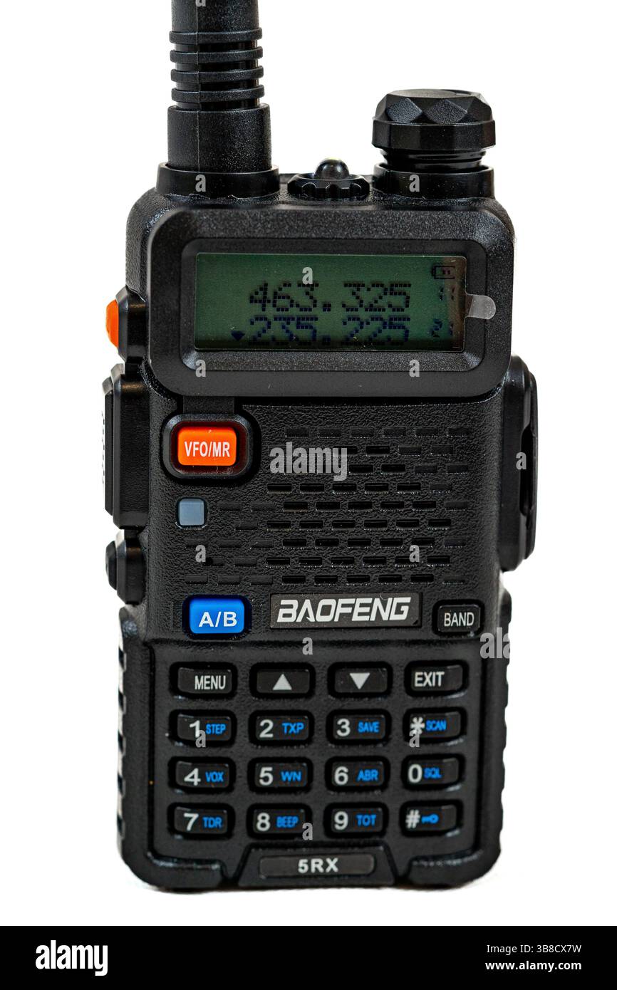 Baofeng UV-5RX triband walkie talkie radio, white background Stock Photo - Alamy