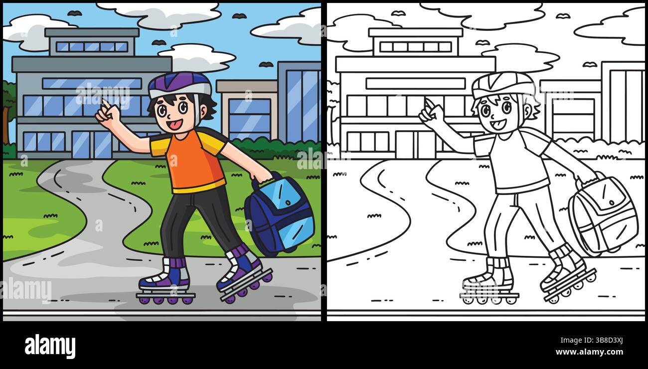 Inline Skater School Bag Coloring Illustration Stock Vector Image & Art ...
