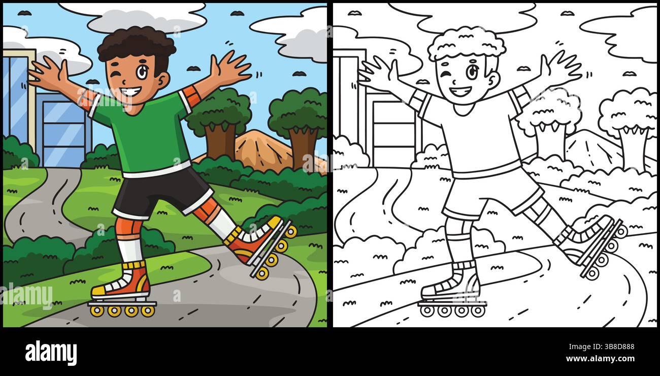 Inline Skater Waving Coloring Page Illustration Stock Vector Image ...