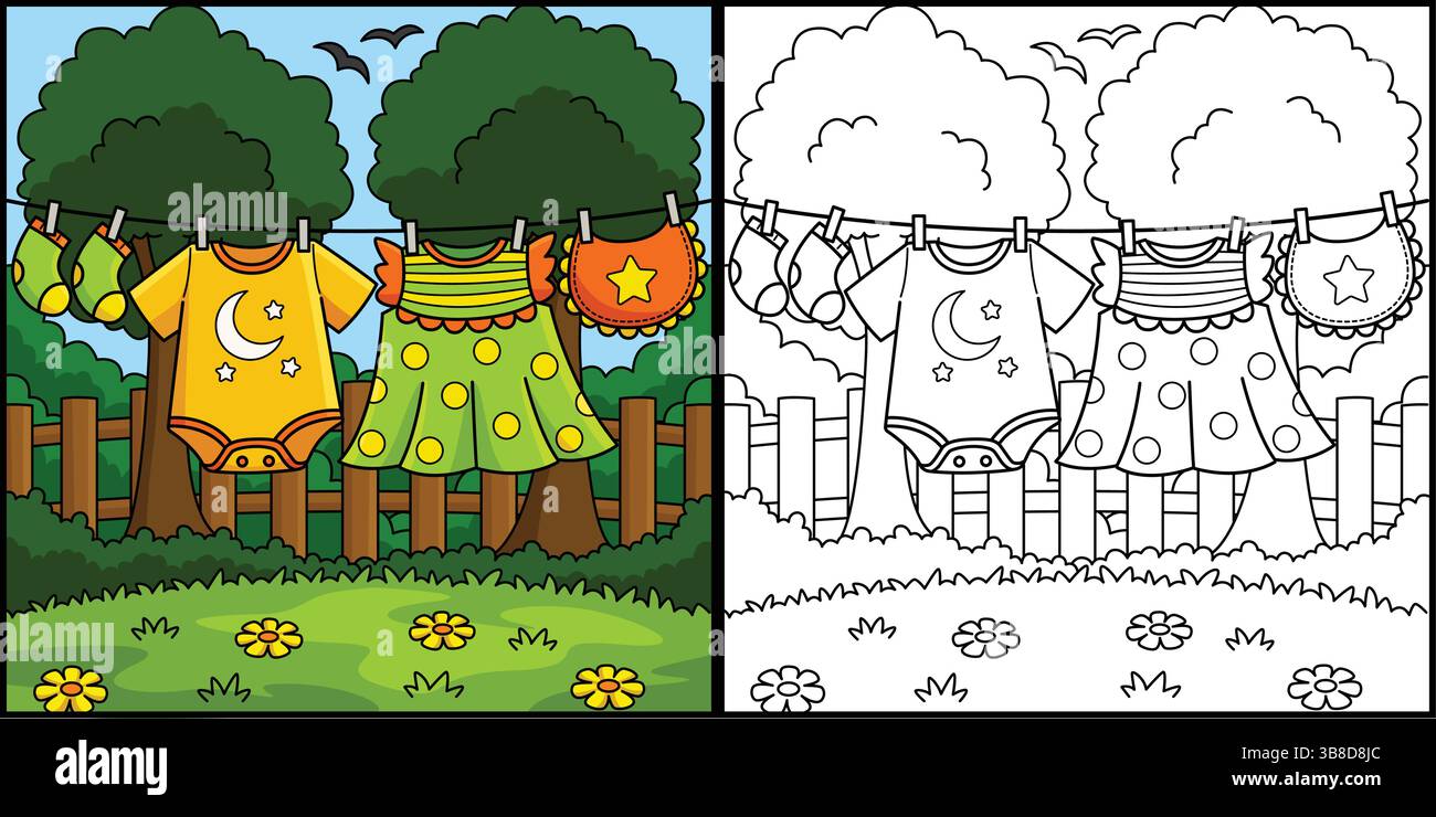 Baby Shower Hanging Clothes Coloring Illustration Stock Vector Image ...