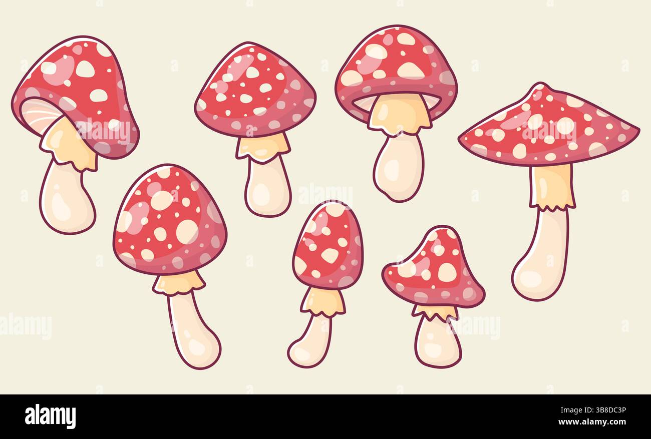 Set of hand drawn red mushrooms. Cute vector illustrations of fly ...
