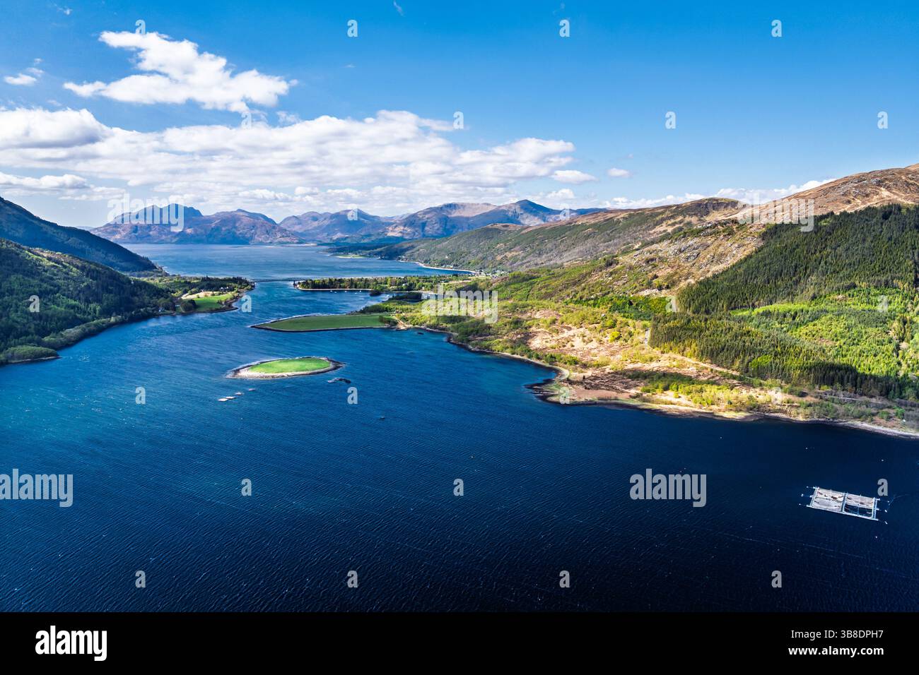 Loch Leven and mountains from a drone, Glencoe, Highland, Scotland ...