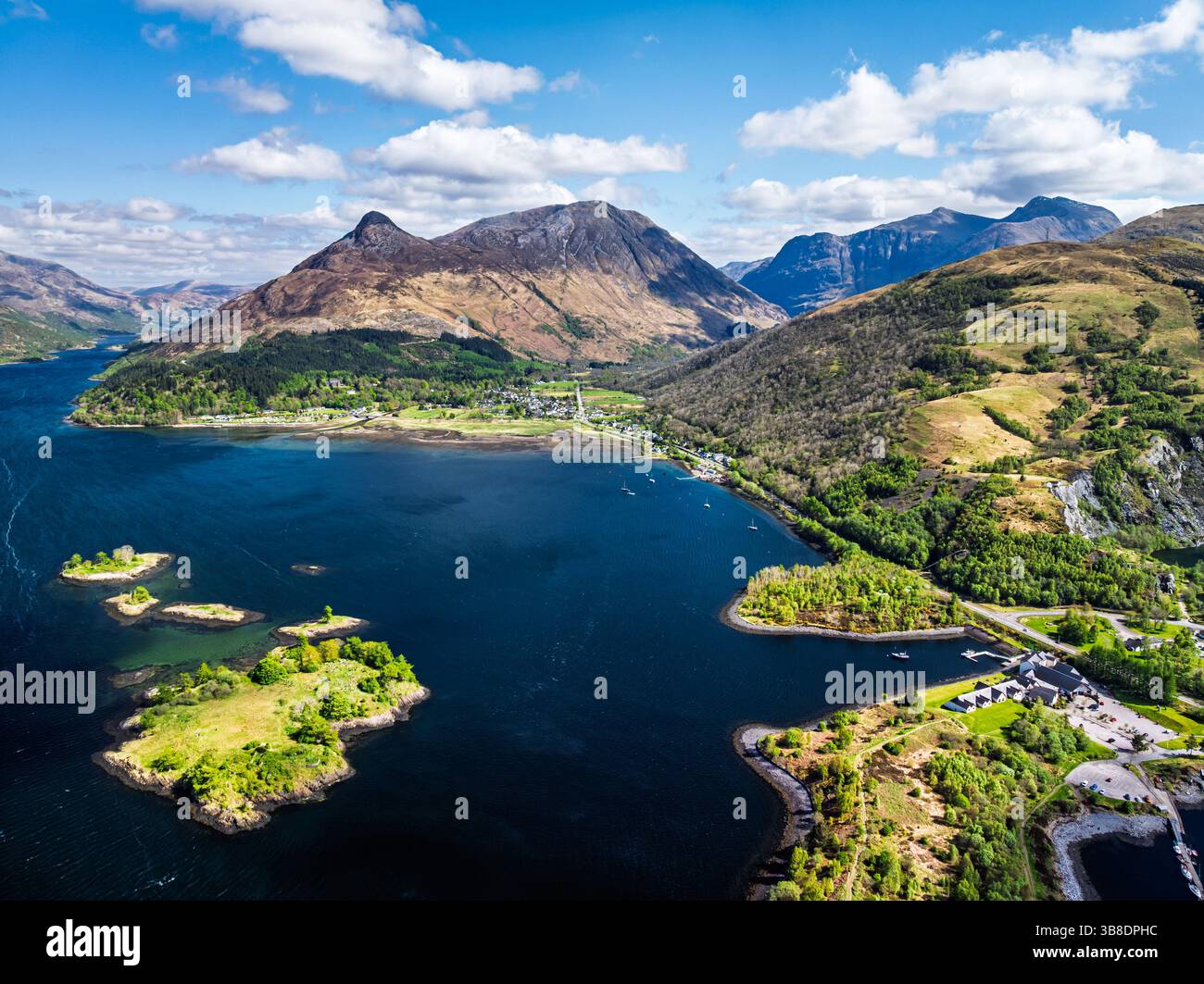 Loch Leven and mountains from a drone, Glencoe, Highland, Scotland ...