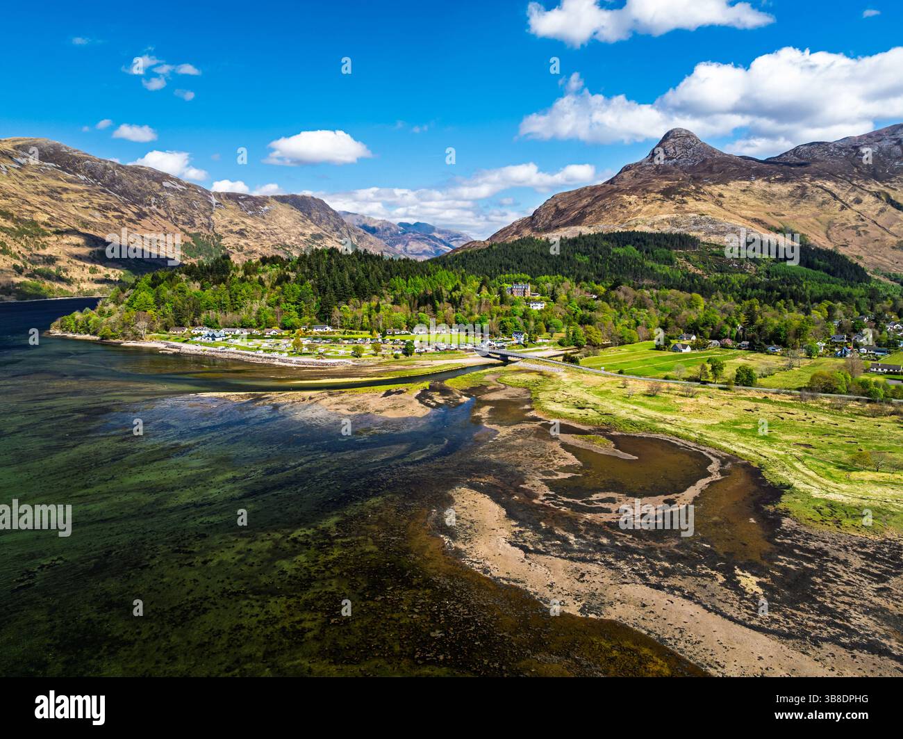 Loch Leven and Holiday Park from a drone, Glencoe, Highland, Scotland ...