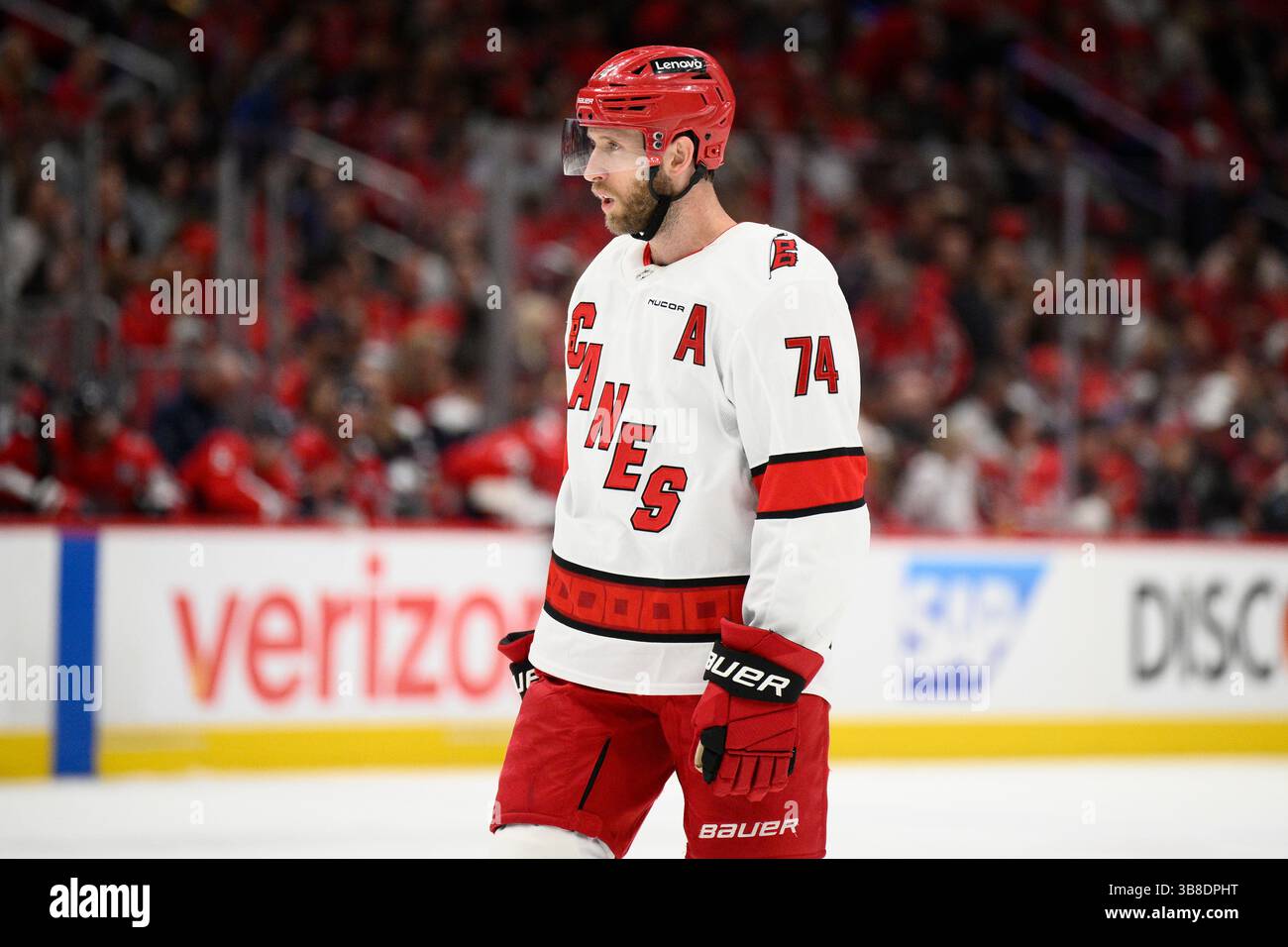 Carolina Hurricanes defenseman Jaccob Slavin (74) looks on in the ...