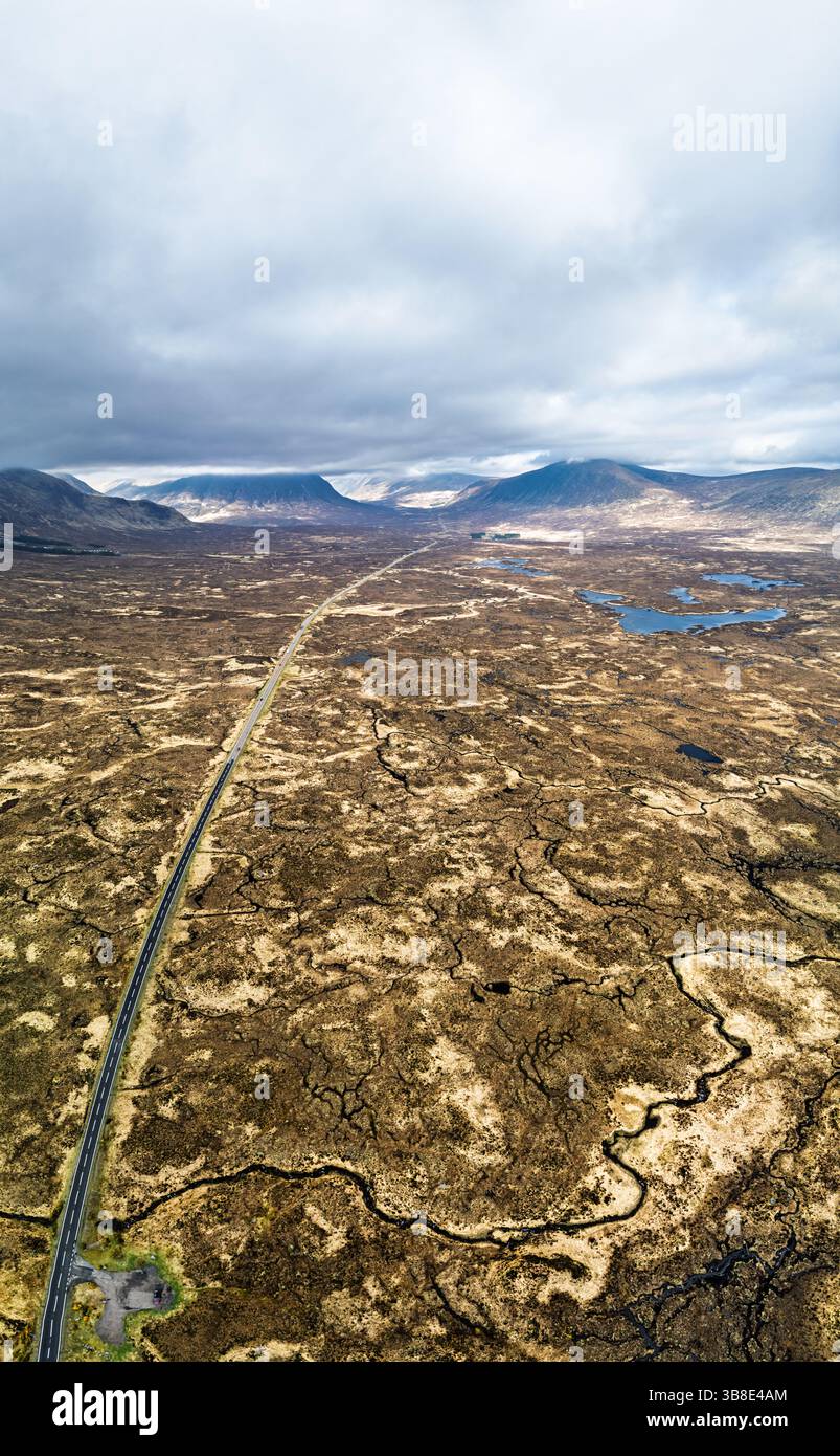 Panorama of Moors and Road A82 over Glencoe Valley from a drone ...