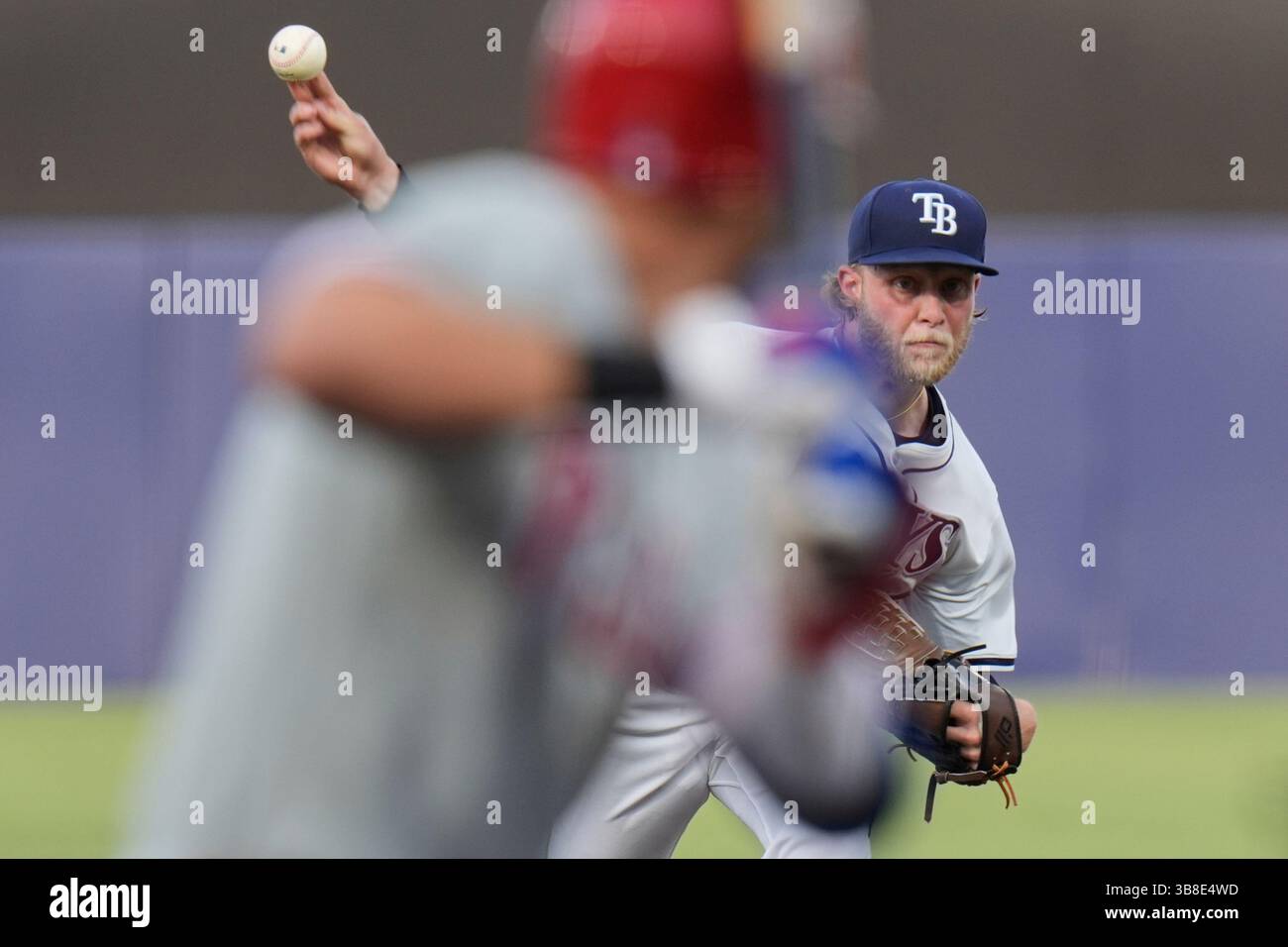Tampa Bay Rays pitcher Shane Baz delivers to the Philadelphia Phillies ...