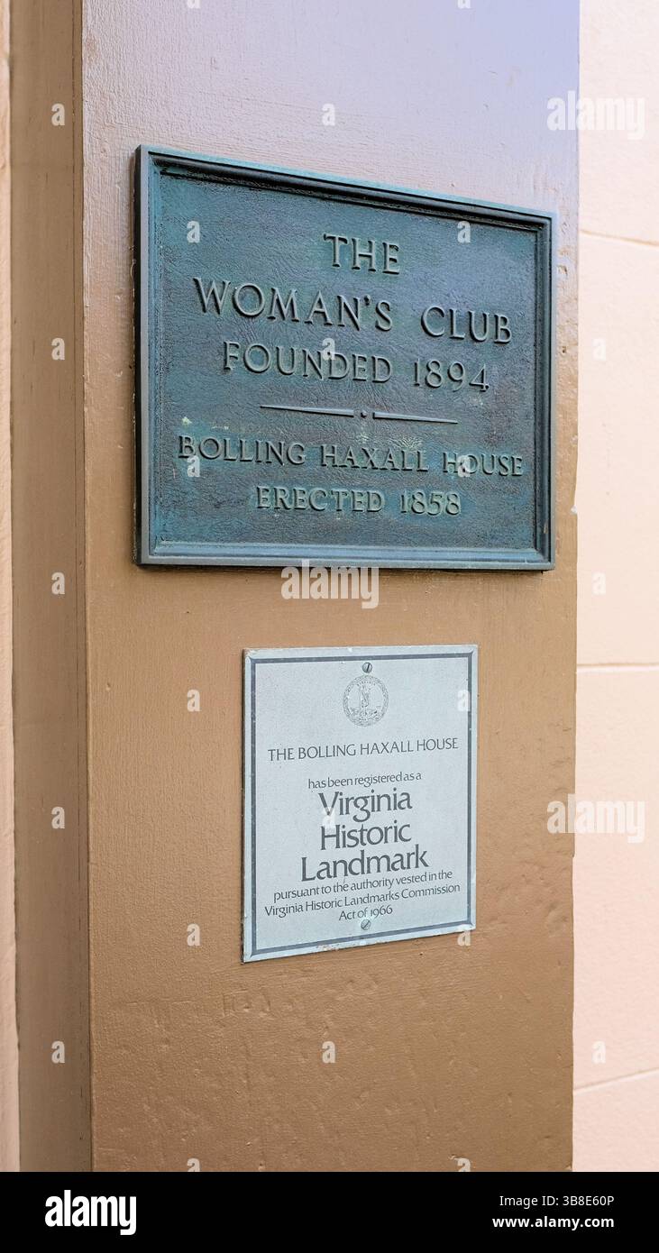 Bronze plaque at Bolling Haxall House, also known as the Woman's Club ...