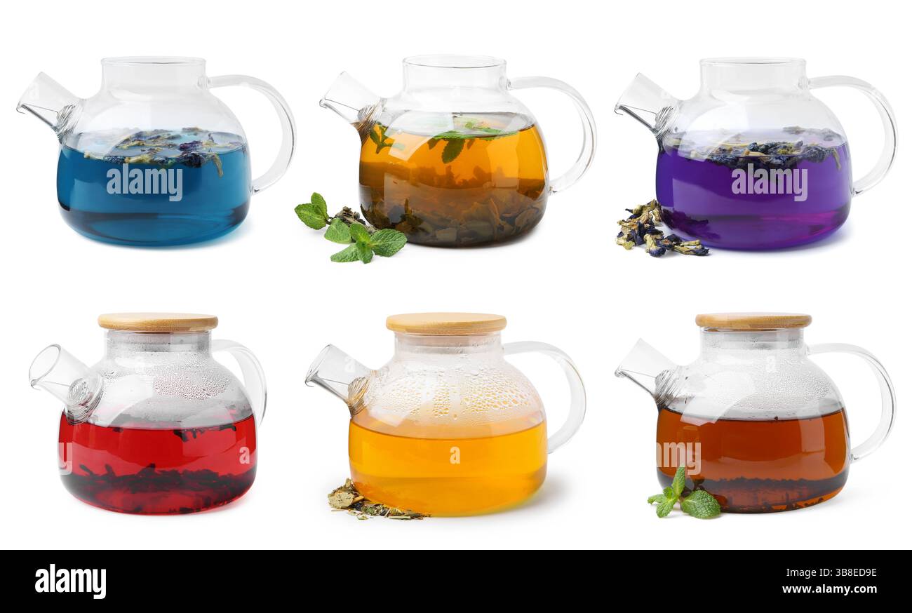 Different types of tea in glass teapots isolated on white, set Stock ...