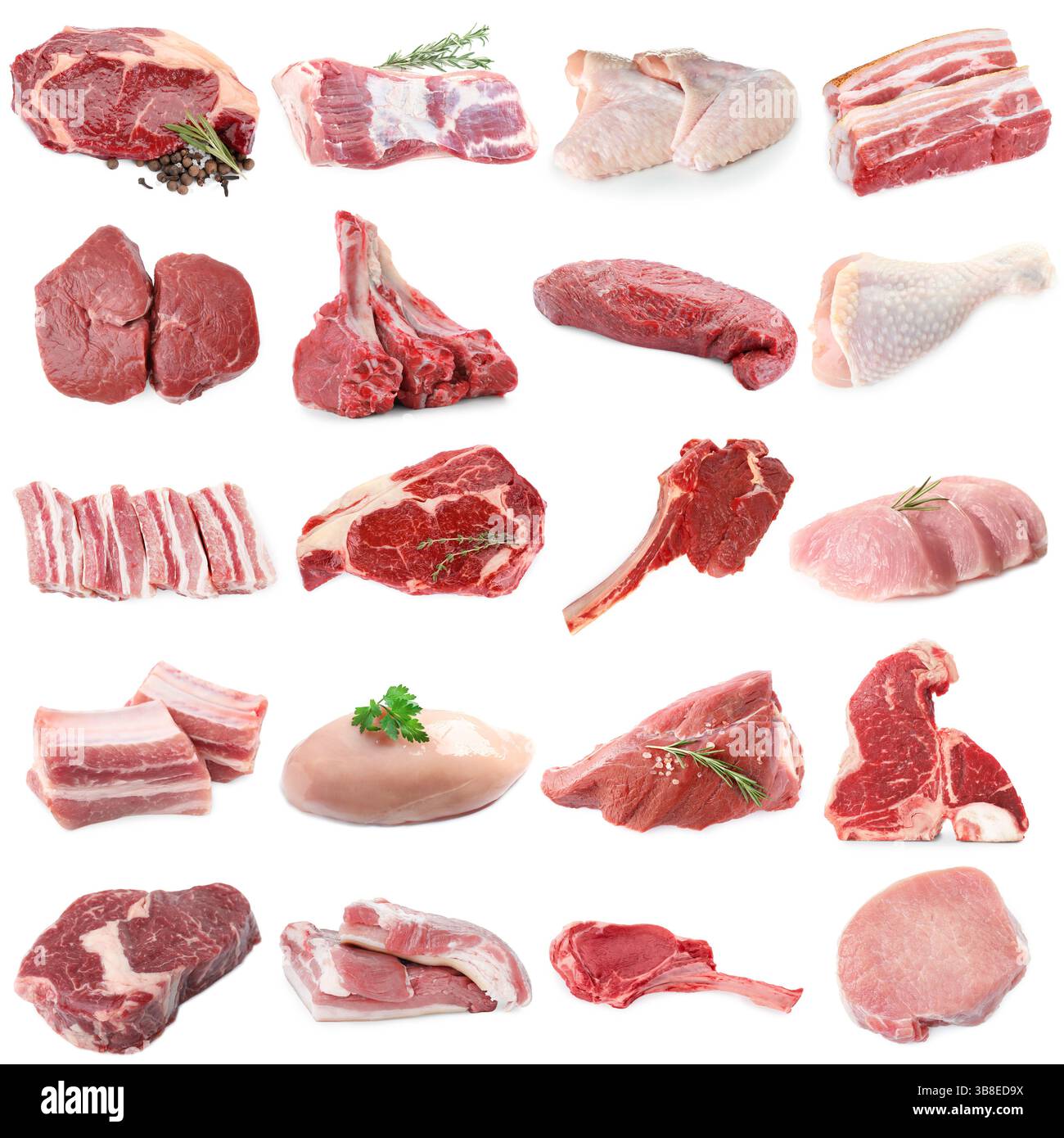 Different types of fresh raw meat isolated on white, collage. Beef ...