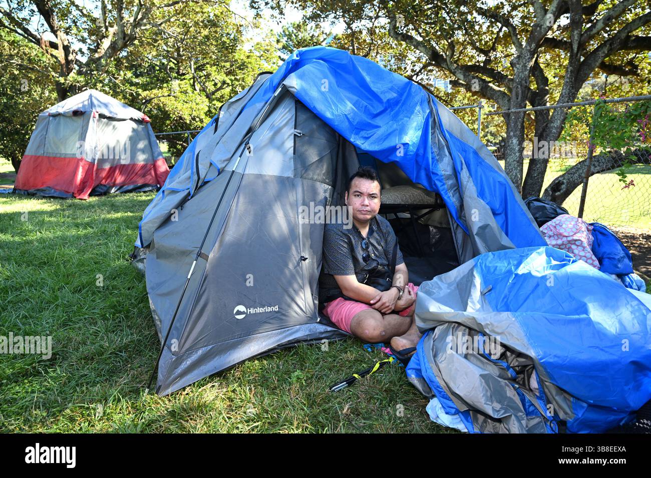 Homeless person Ken Solberg Jr is seen with his tent at a homeless ...