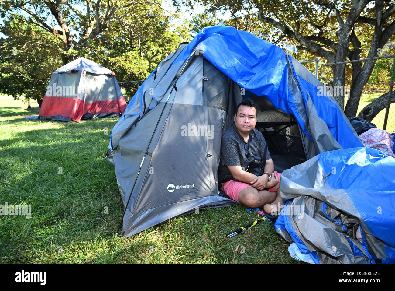 Homeless person Ken Solberg Jr is seen with his tent at a homeless ...