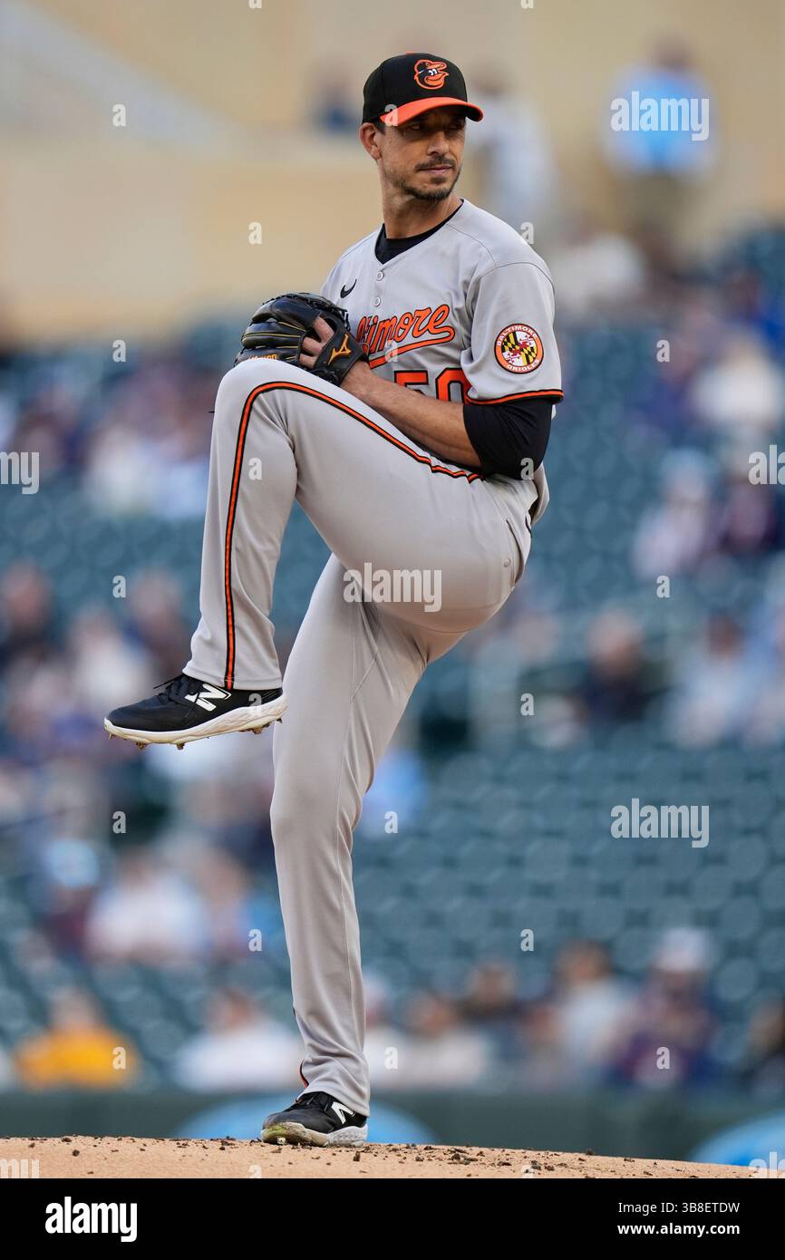 Baltimore Orioles starting pitcher Charlie Morton (50) winds up to ...