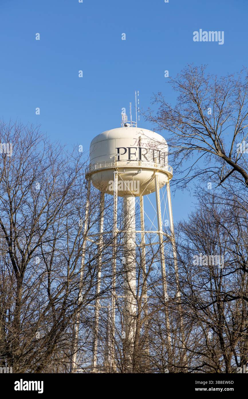 Perth, Canada - April 27, 2025 Water tower in small town of Ontario ...