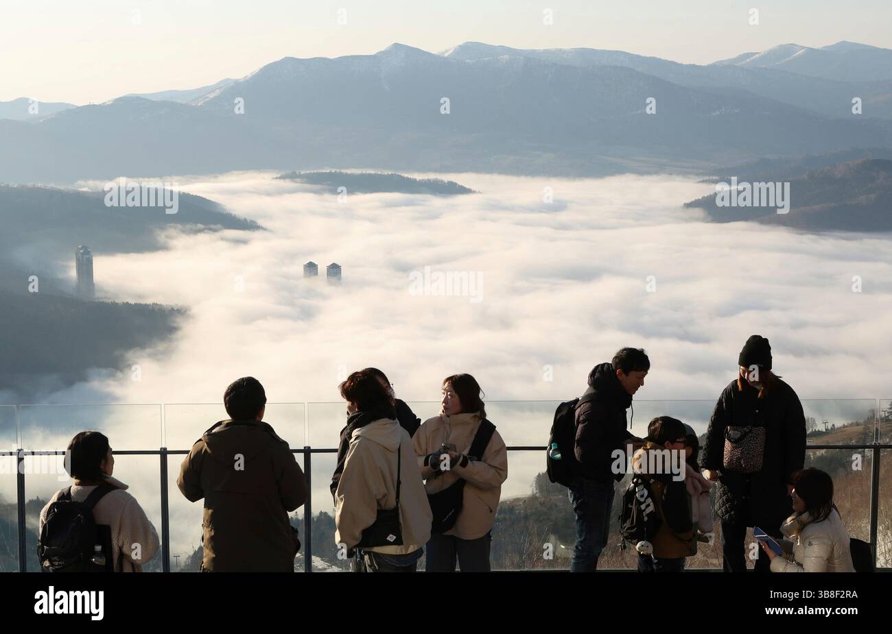 A sea of clouds is seen from the "Unkai Terrace" at Hoshino Resort ...