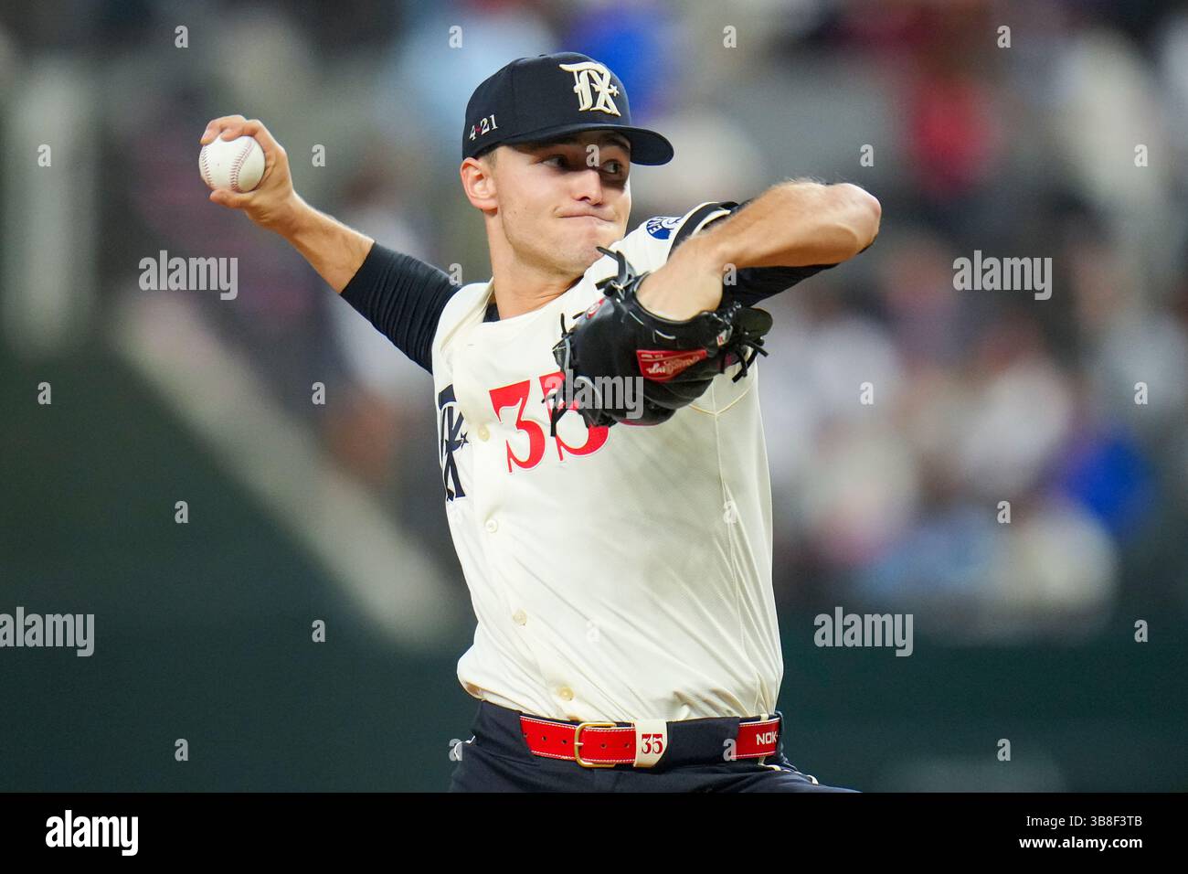 Texas Rangers starting pitcher Jack Leiter throws a pitch to the ...