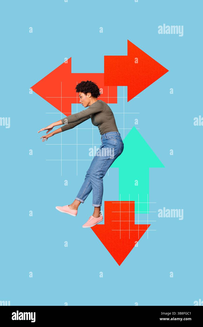 Poster banner collage of flying girl confused with arrows with ...