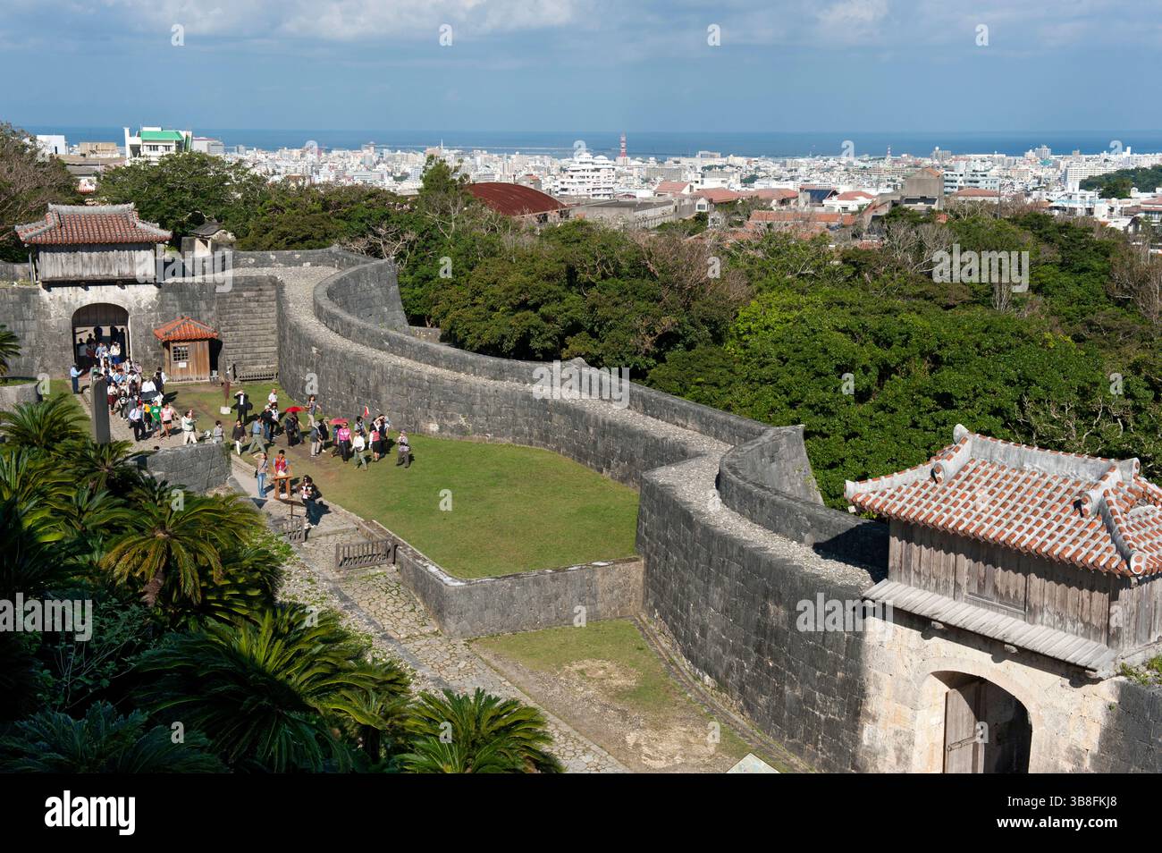 Aerial view of the Kyukeimon Gate (near side) and the Kankaimon Gate ...