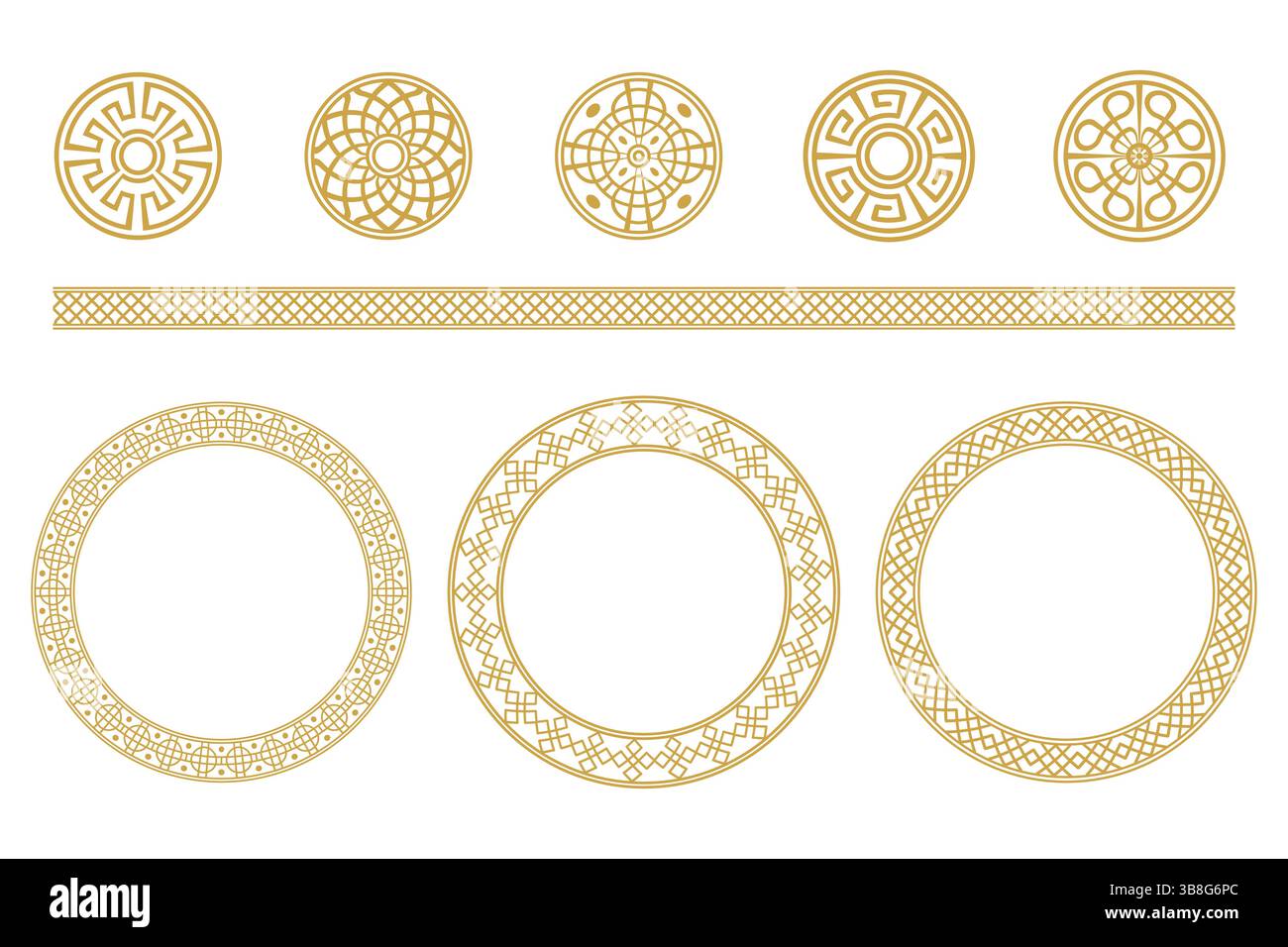 Set of intricate gold decorative circles and borders, exhibiting Asian-inspired designs. These ...
