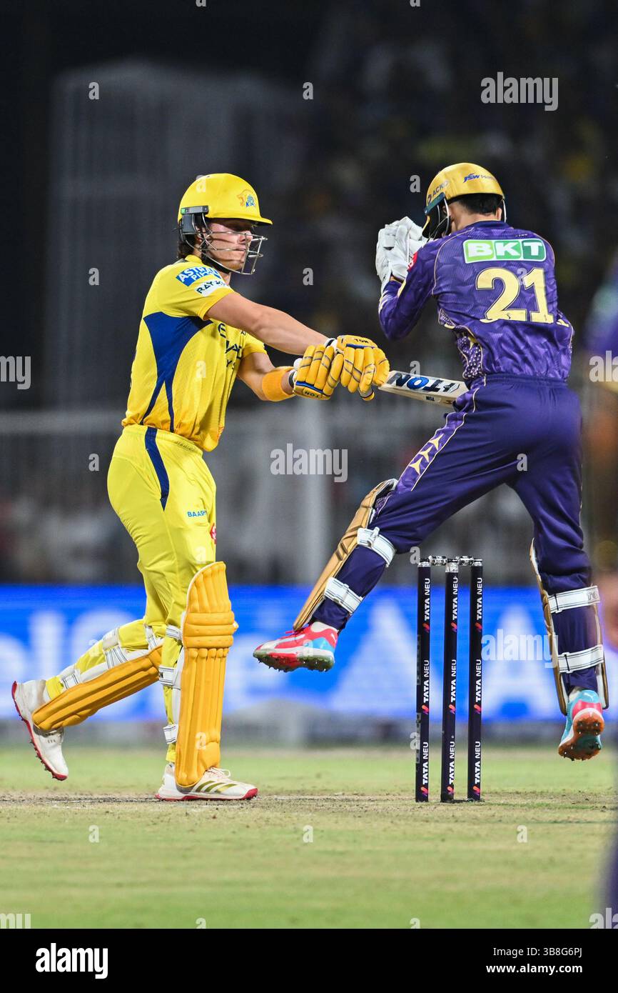 Kolkata, India. 07th May, 2025. Dewald Bravis of Chennai Super Kings ...