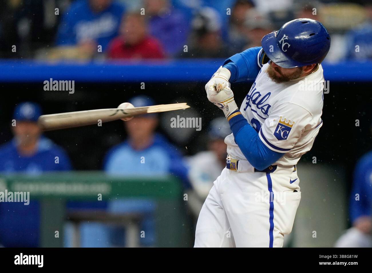 Kansas City Royals' Kyle Isbel breaks his bat as he grounds out during ...