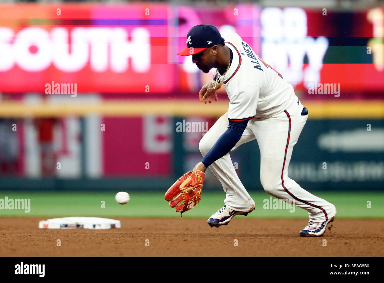 Atlanta Braves second baseman Ozzie Albies (1) fields a ground ball by ...