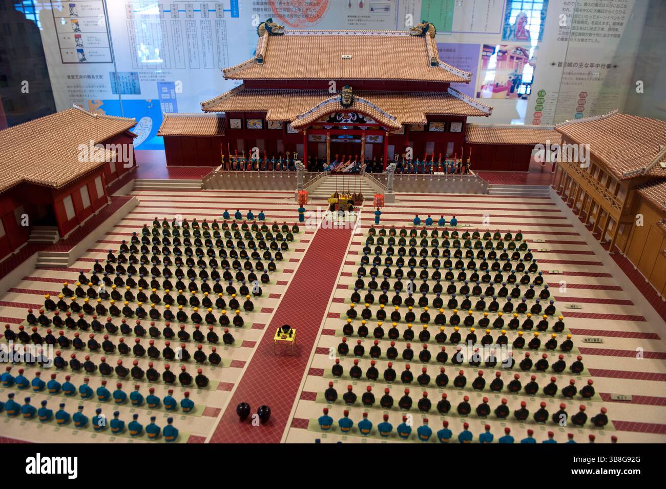 Miniature scale model of Shuri Castle Seiden (main hall) during a ...
