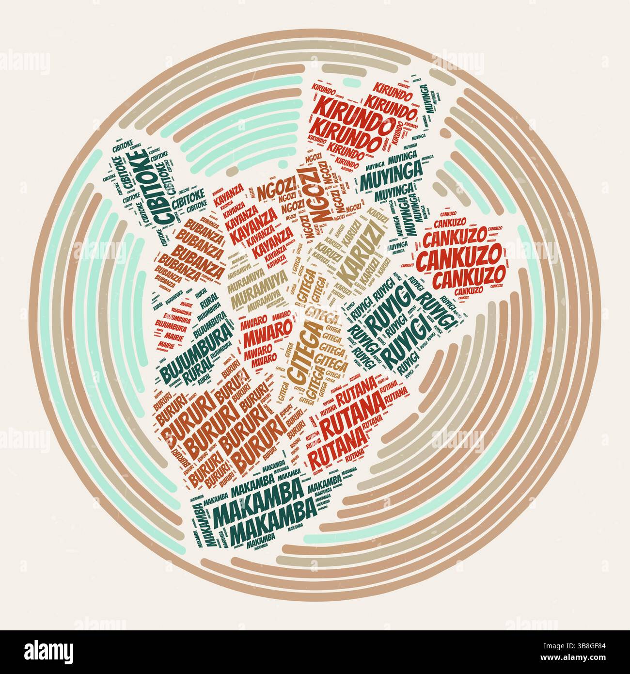 Burundi Round Poster. Typography style image of the country. Regions ...