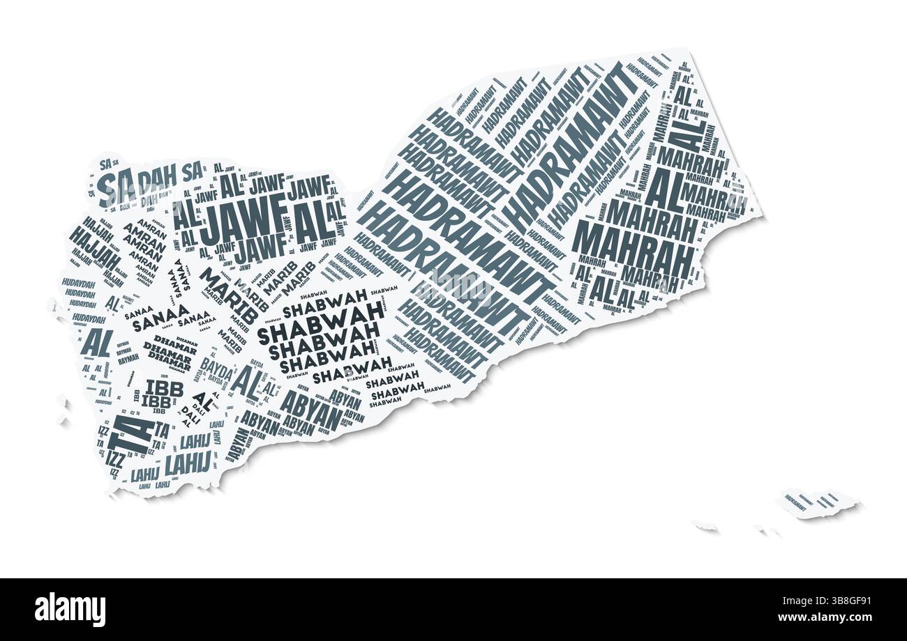 Yemen shape text cloud. Country border with shadow on white background ...
