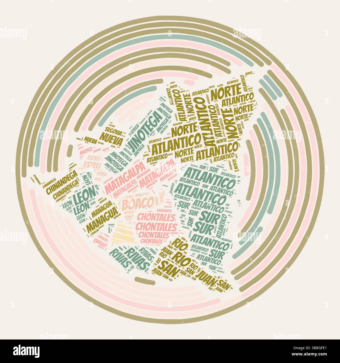 Nicaragua Round Poster. Typography style image of the country. Regions ...