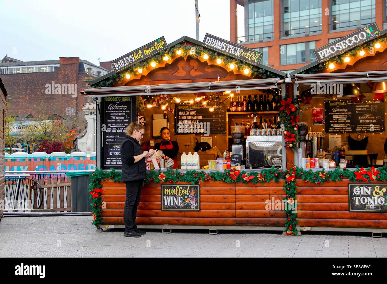 Piccadilly Garden, Manchester, UK - 11.16.2024: Traditional wooden ...