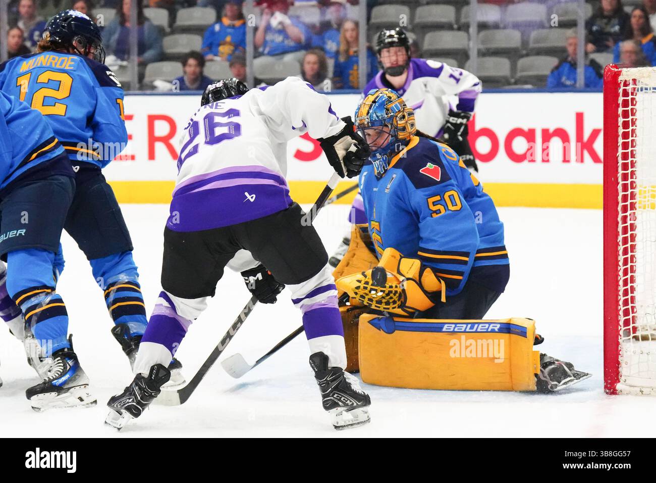 Toronto, Can. 07th May, 2025. Toronto Sceptres goaltender Kristen Campbell makes a save on ...