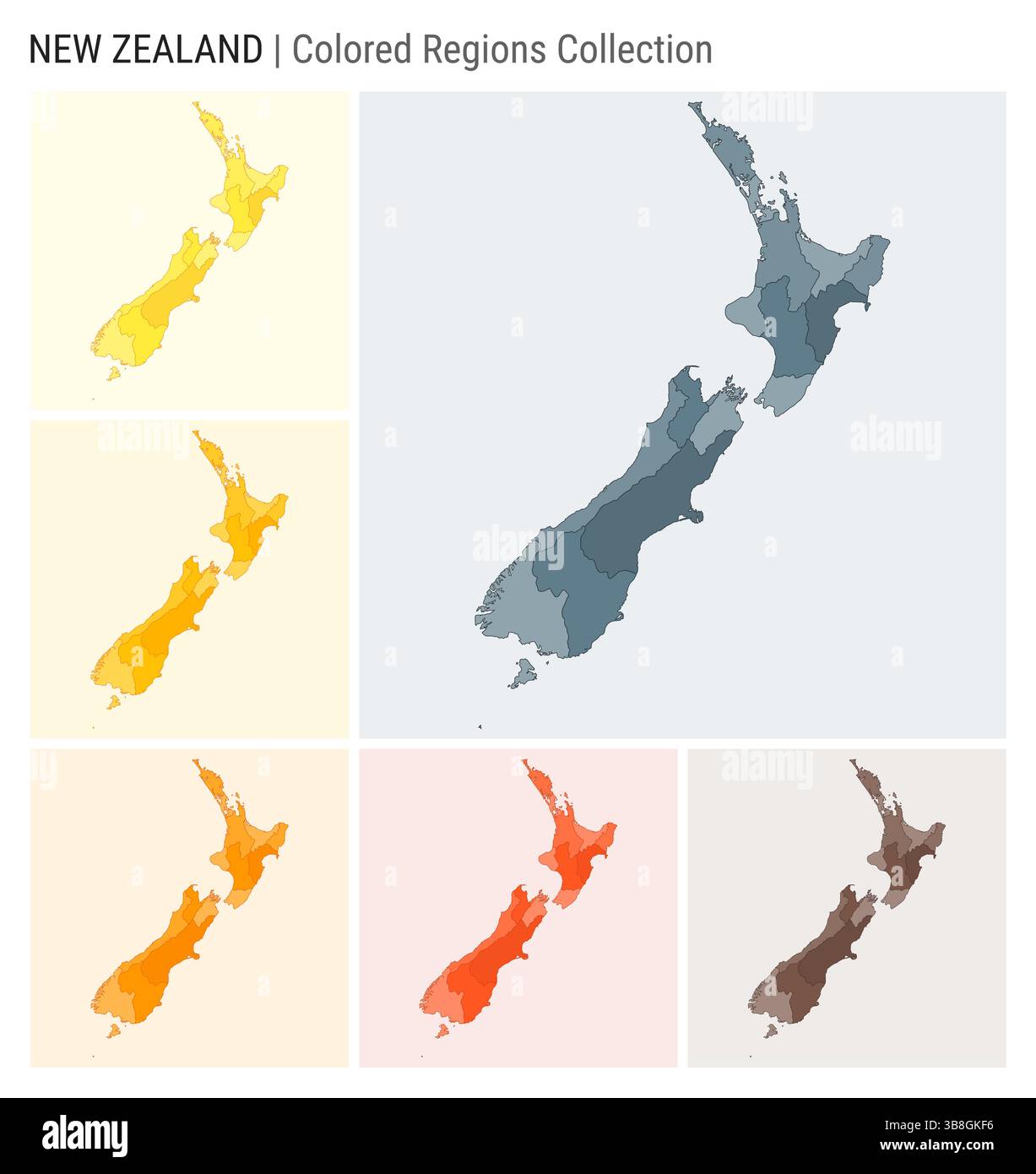 New Zealand map collection. Country shape with colored regions. Blue ...