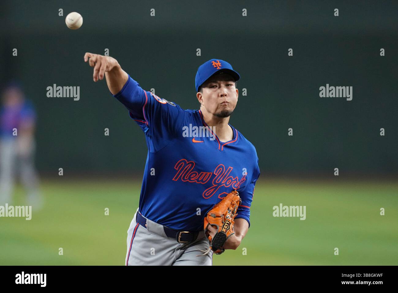 New York Mets starting pitcher Kodai Senga, of Japan, warms up during ...
