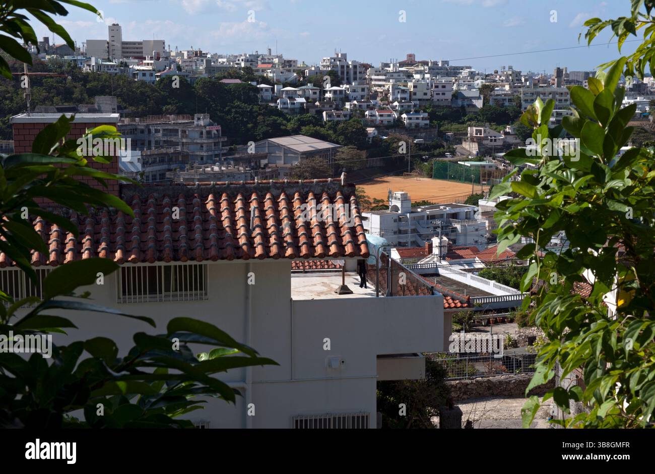 Aerial panoramic view of Naha city suburban neighborhood, capital of ...