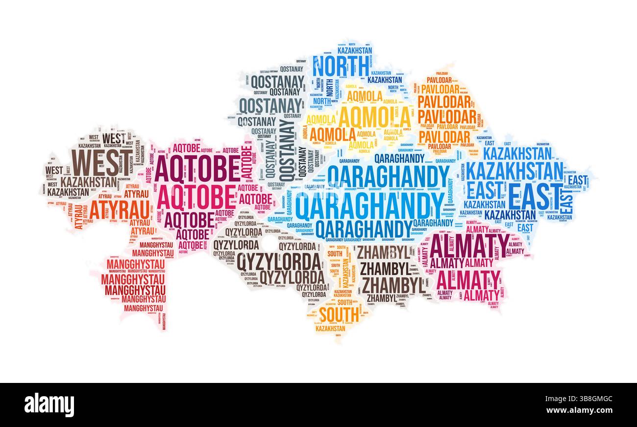 Kazakhstan region word cloud. Country shape design. Kazakhstan colored illustration. Region ...