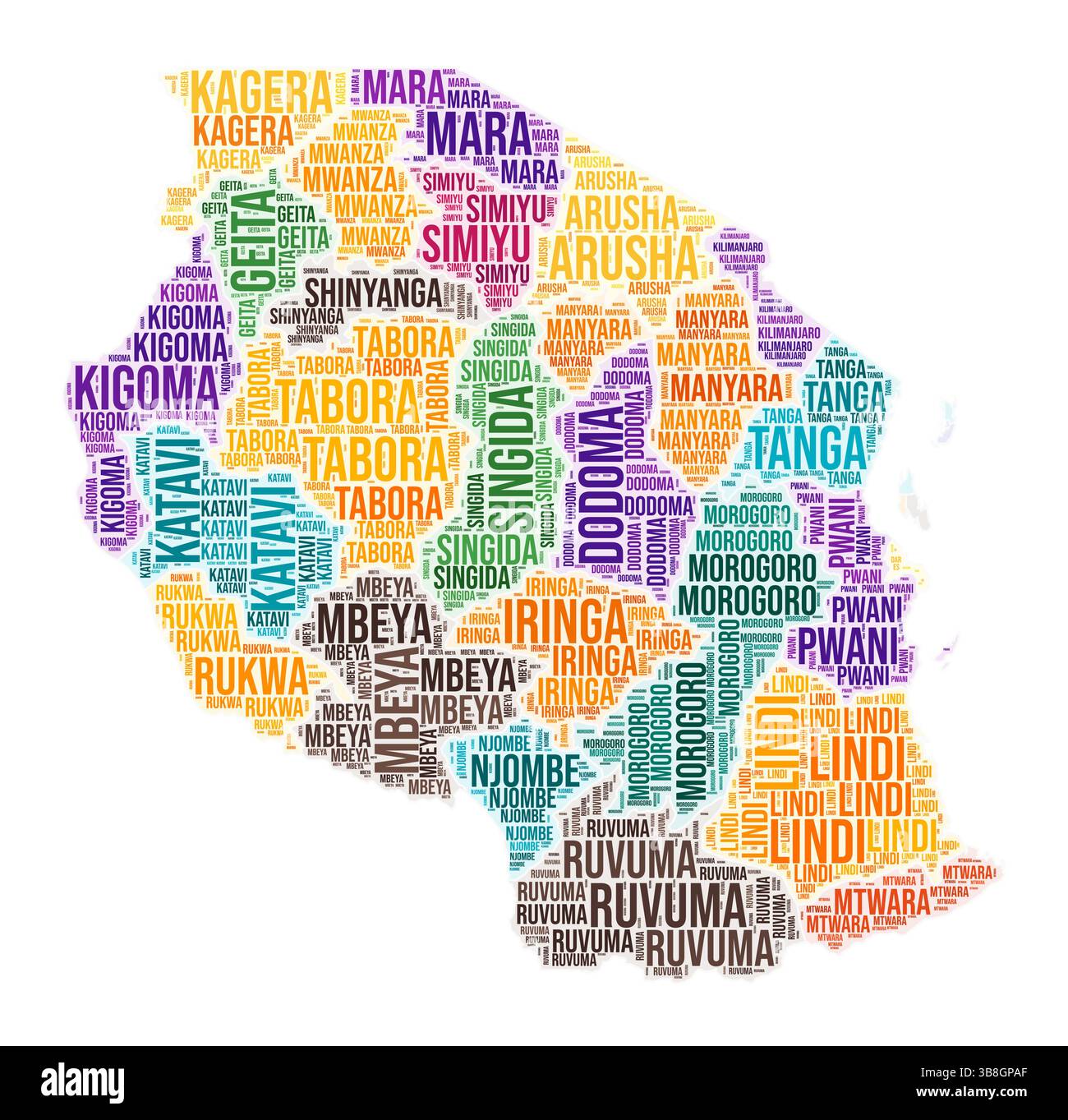 Tanzania region word cloud. Country shape design. Tanzania colored ...