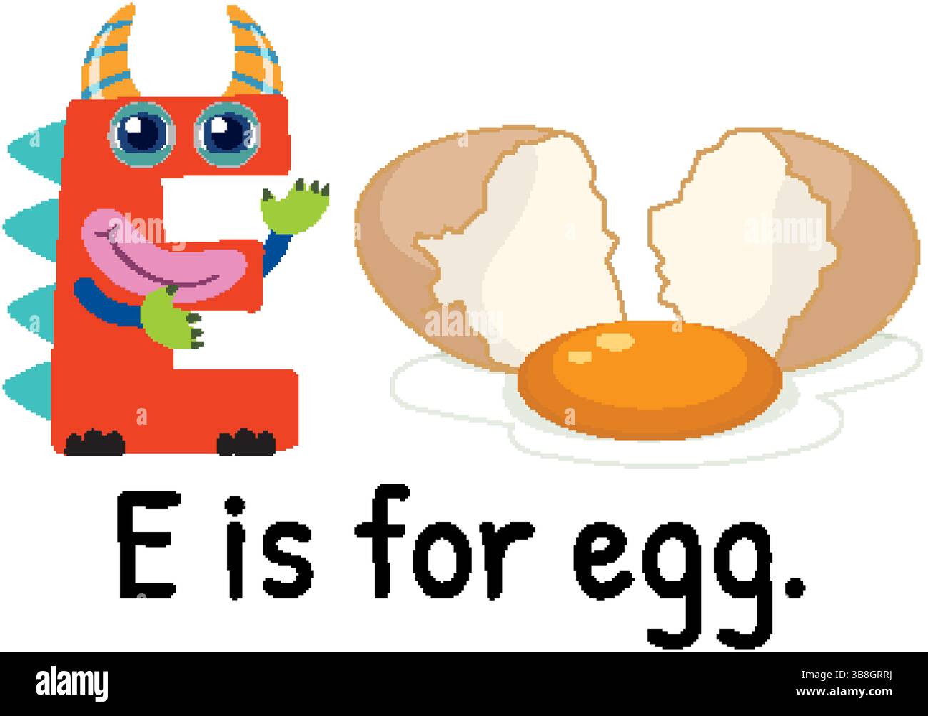 Playful vector illustration of letter E as a monster with a cracked egg ...