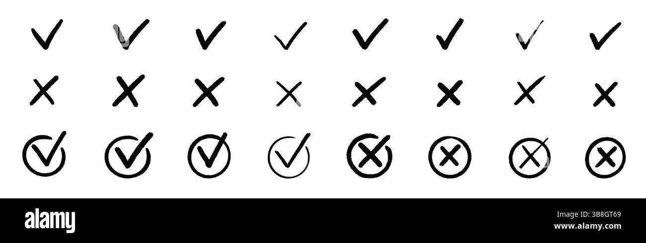 Check the mark icon set. Hand drawn doodle checklist correct, cross, ok ...