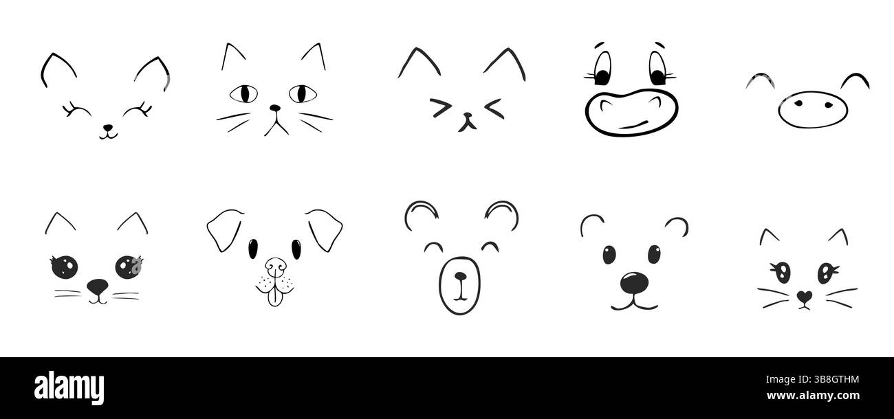 Cute animal faces, pet comic doodle with expressions. Set heads with ...