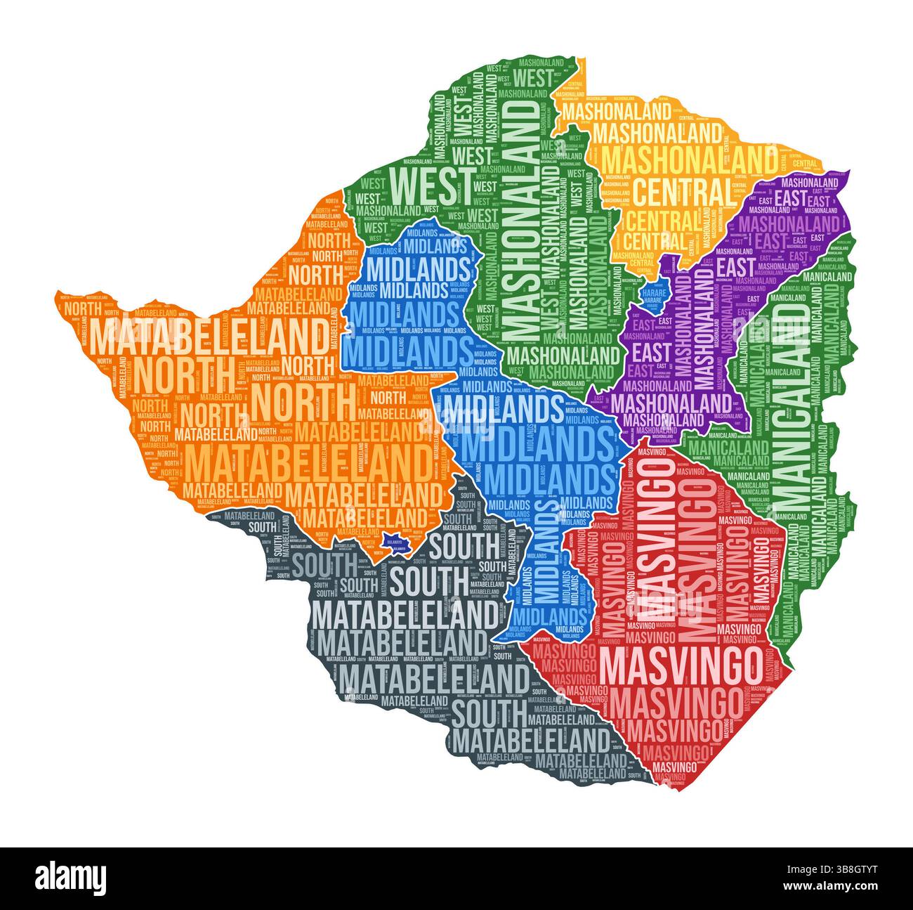 Zimbabwe shape. Country word cloud with region division. Zimbabwe ...