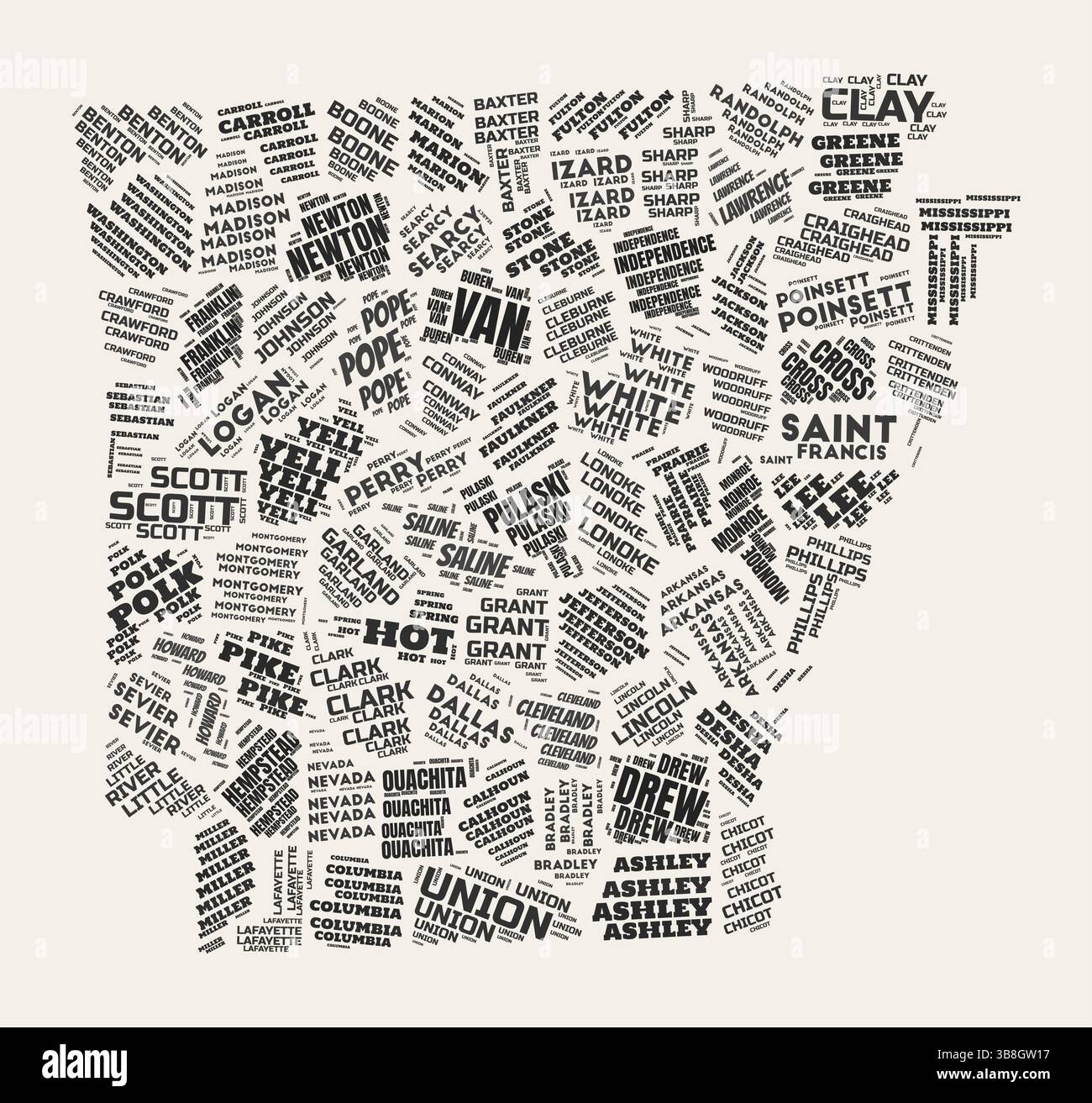 Arkansas Word Cloud. State with counties division. Arkansas typographic ...