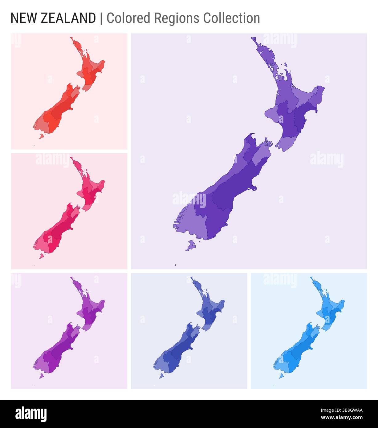 New Zealand map collection. Country shape with colored regions. Deep ...