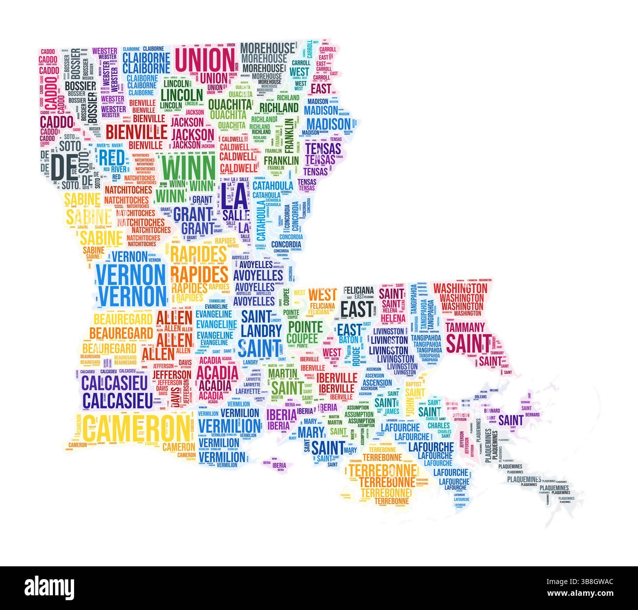 Louisiana county word cloud. State shape design. Louisiana colored ...