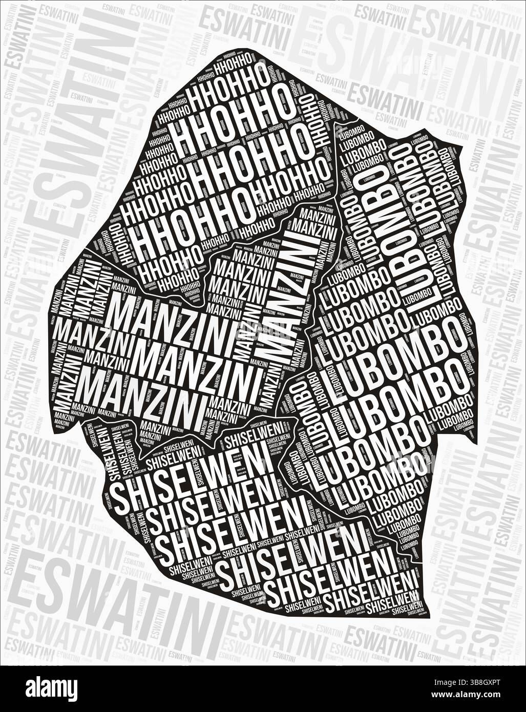 ESwatini regions map word cloud. ESwatini region names. Black and white ...