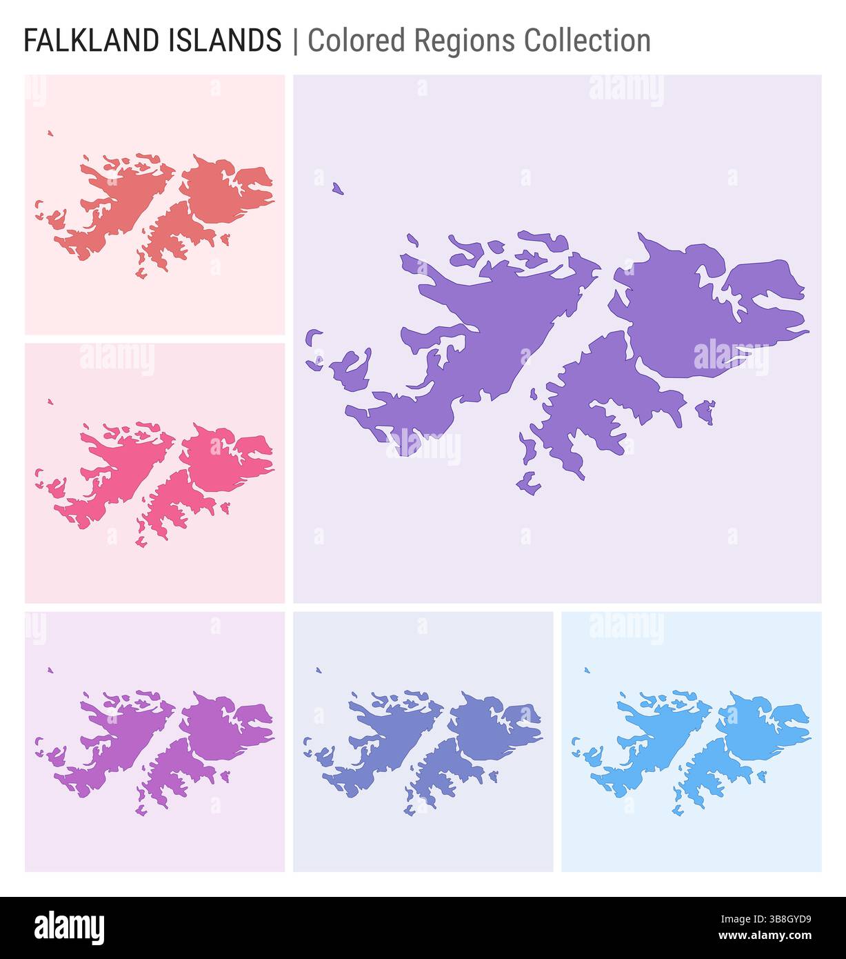 Falklands map collection. Country shape with colored regions. Deep purple, red, pink, purple ...
