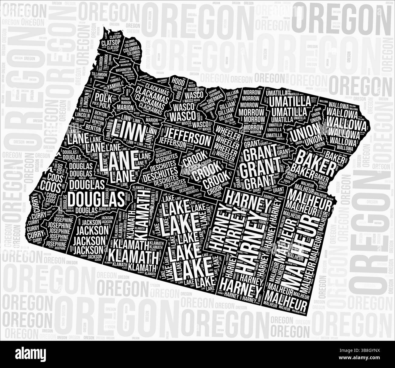 Oregon counties map word cloud. Oregon region names. Black and white ...