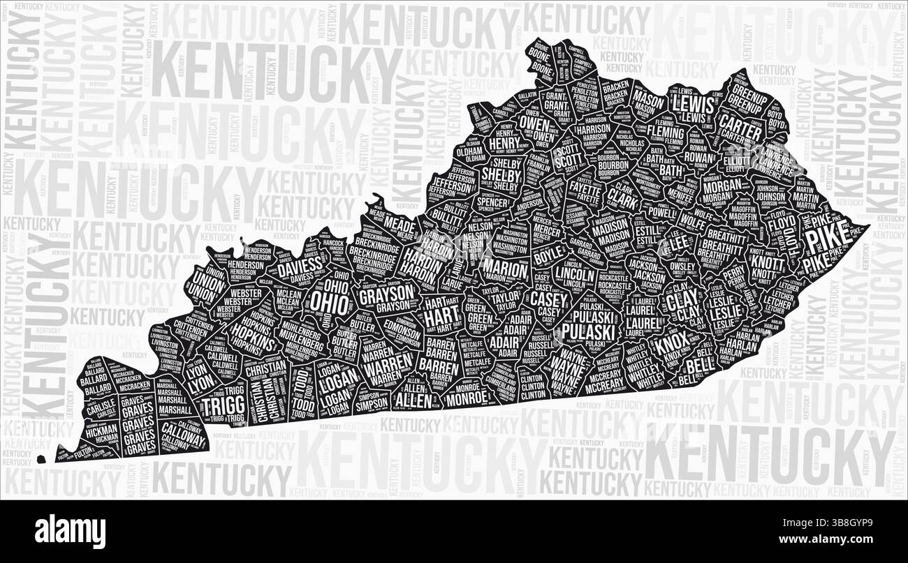 Kentucky counties map word cloud. Kentucky region names. Black and ...